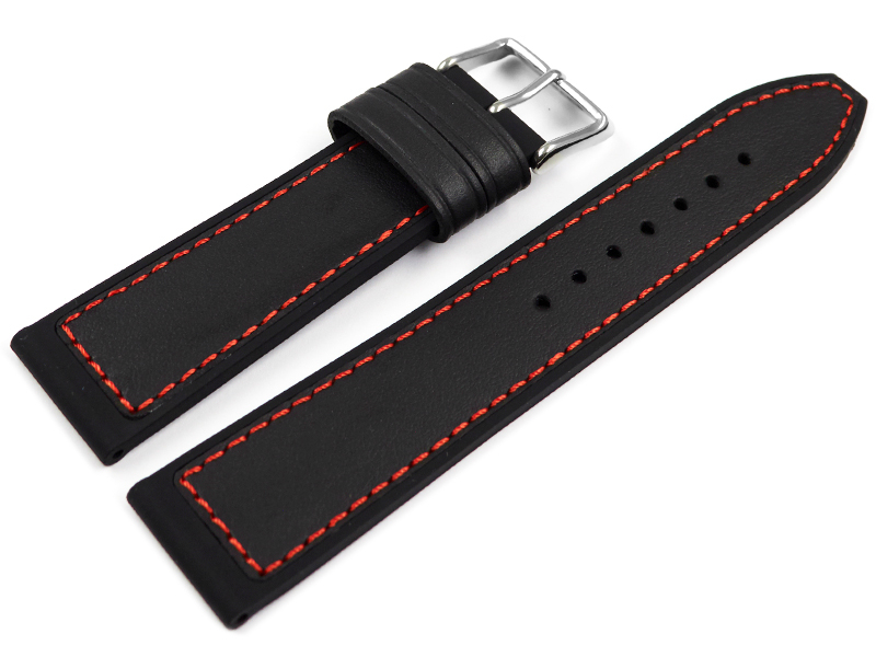 Black Silicone Leather Hybrid Watch Strap with red stitch 18mm 20mm 2