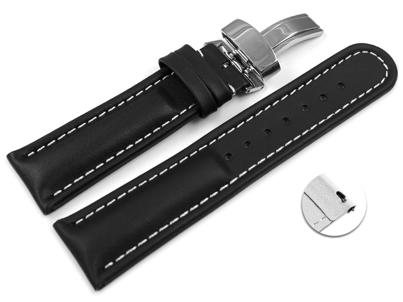 Quick Release Watch Strap deployment Genuine leather Smooth black 18m